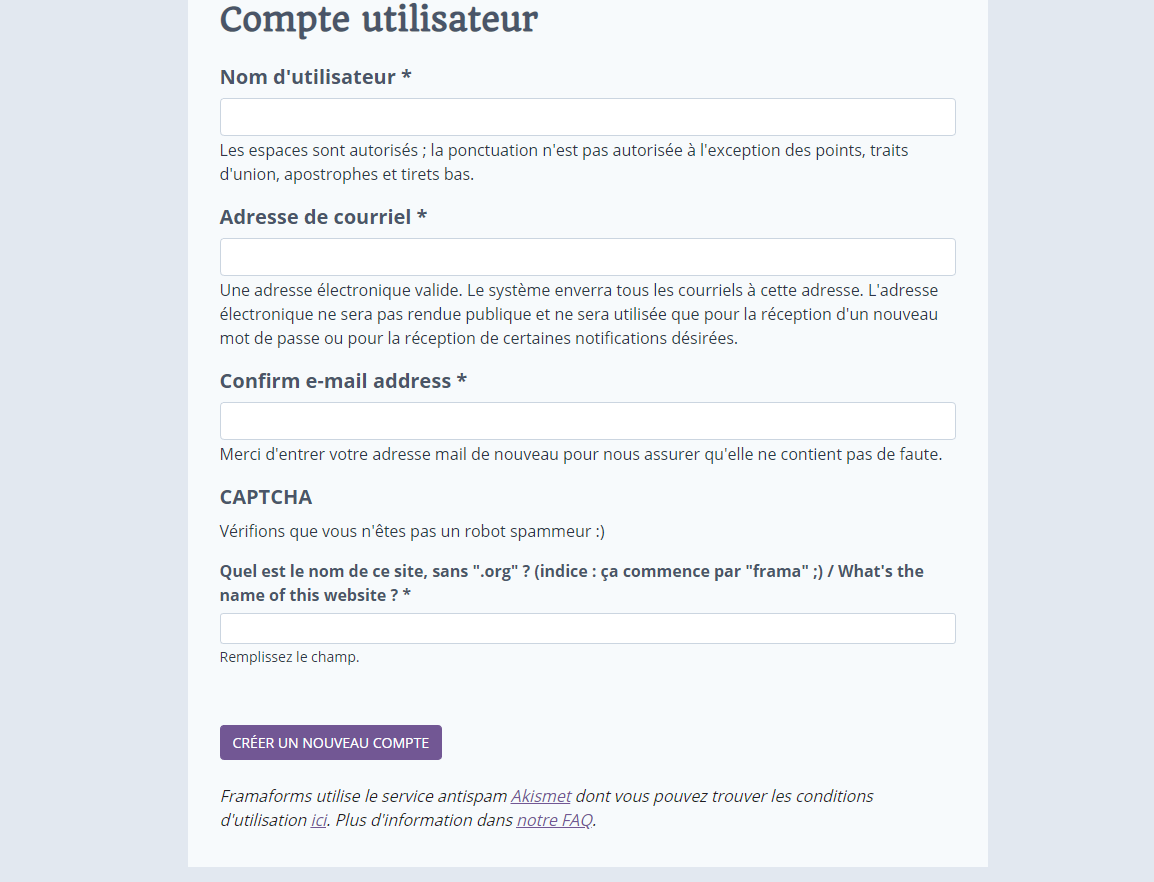 Framaforms: Créer un questionnaire avec Framaforms: Création du compte | ACOUSTICE